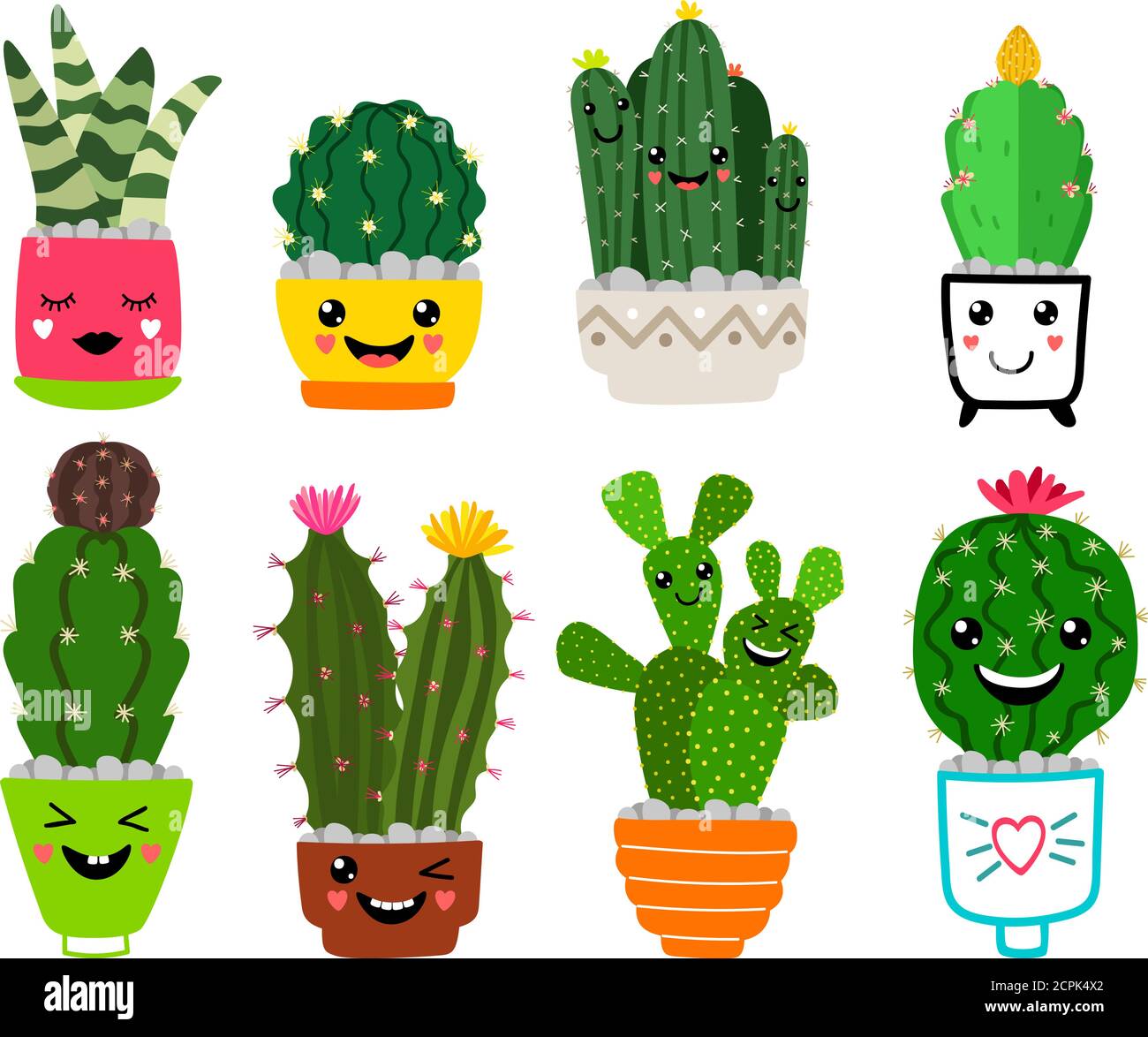 Smiling cacti. Funny cactus friends with flowers, cartoon cute desert ...