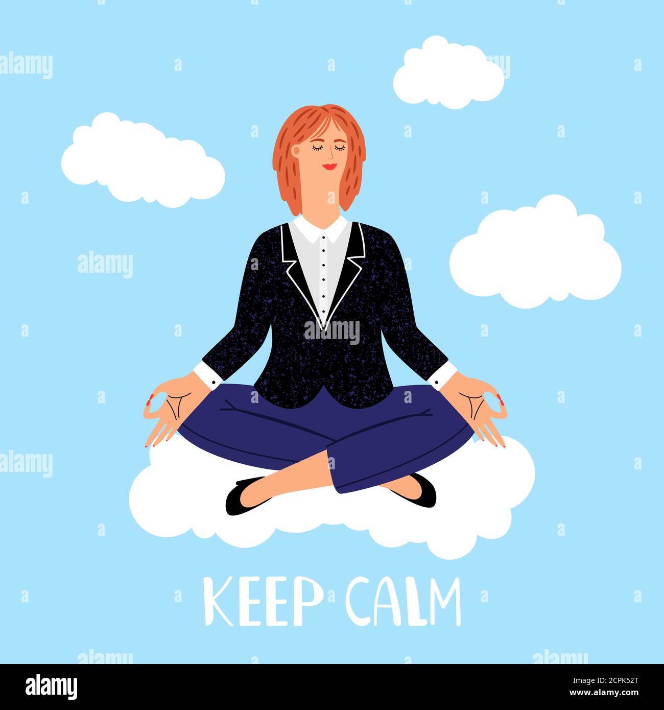 Woman meditations on clouds vector illustration. Meditation yoga and ...