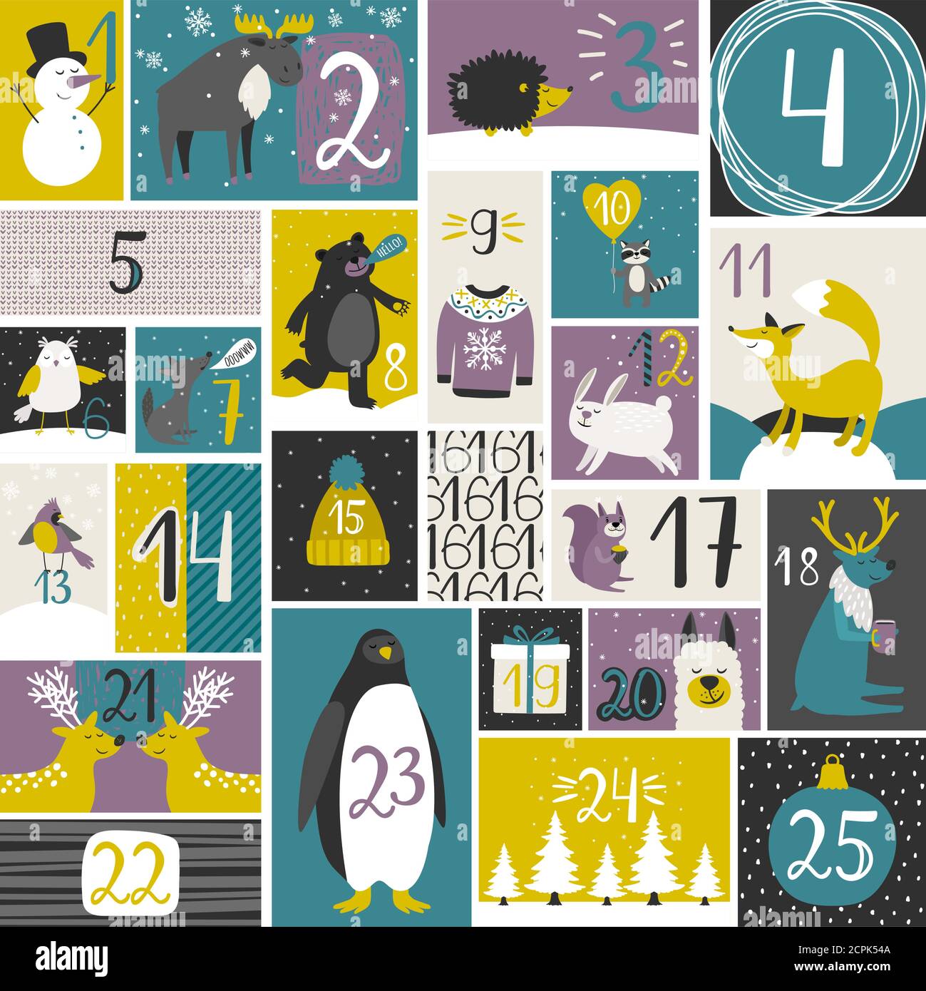 Advent calendar with cartoon forest animals, vector illustration Stock ...