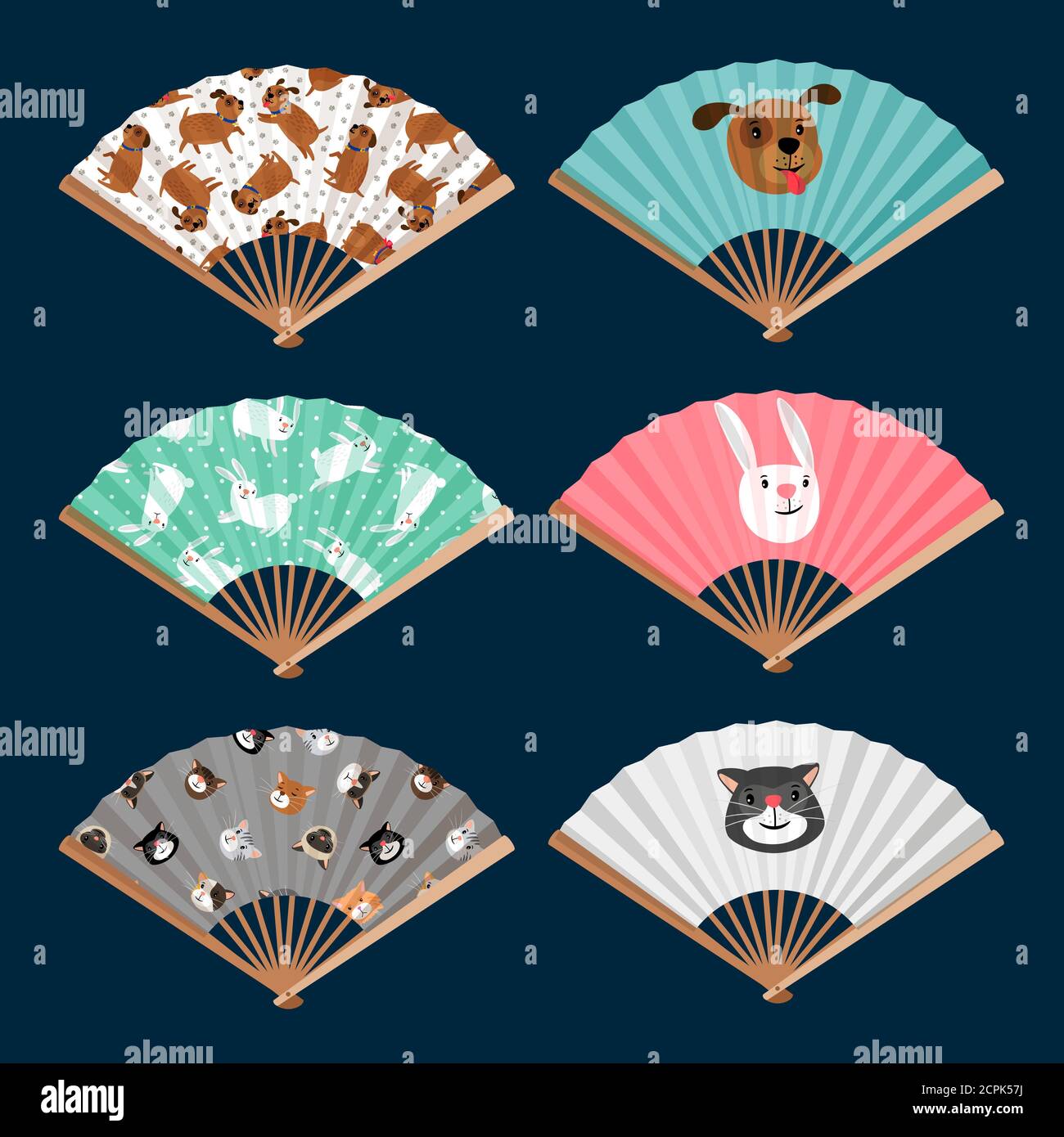 Set of fans pattern with dog, cat and bunny. Vector decoration ...