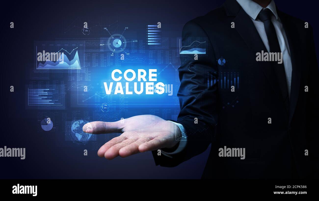 Hand of Businessman holding CORE VALUES inscription, business success ...