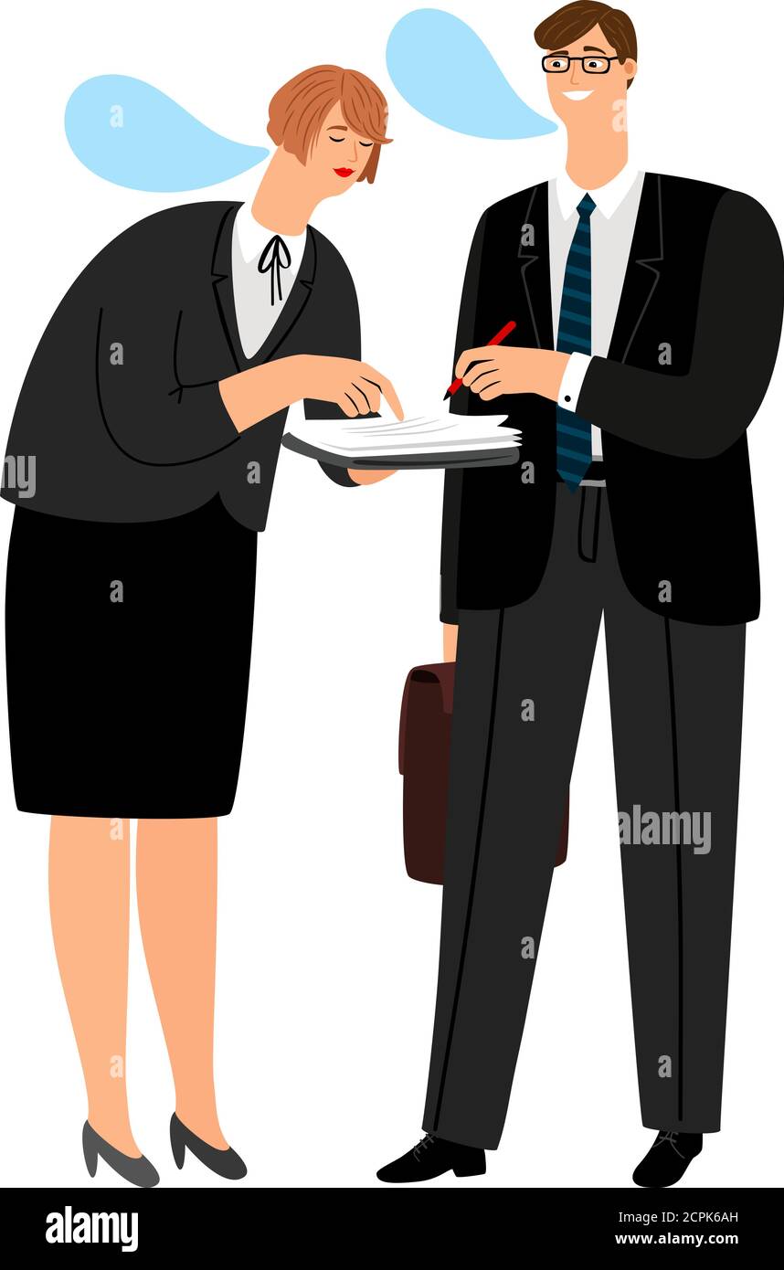 Boss signs contract. Secretary brought documents for signature. Vector ...