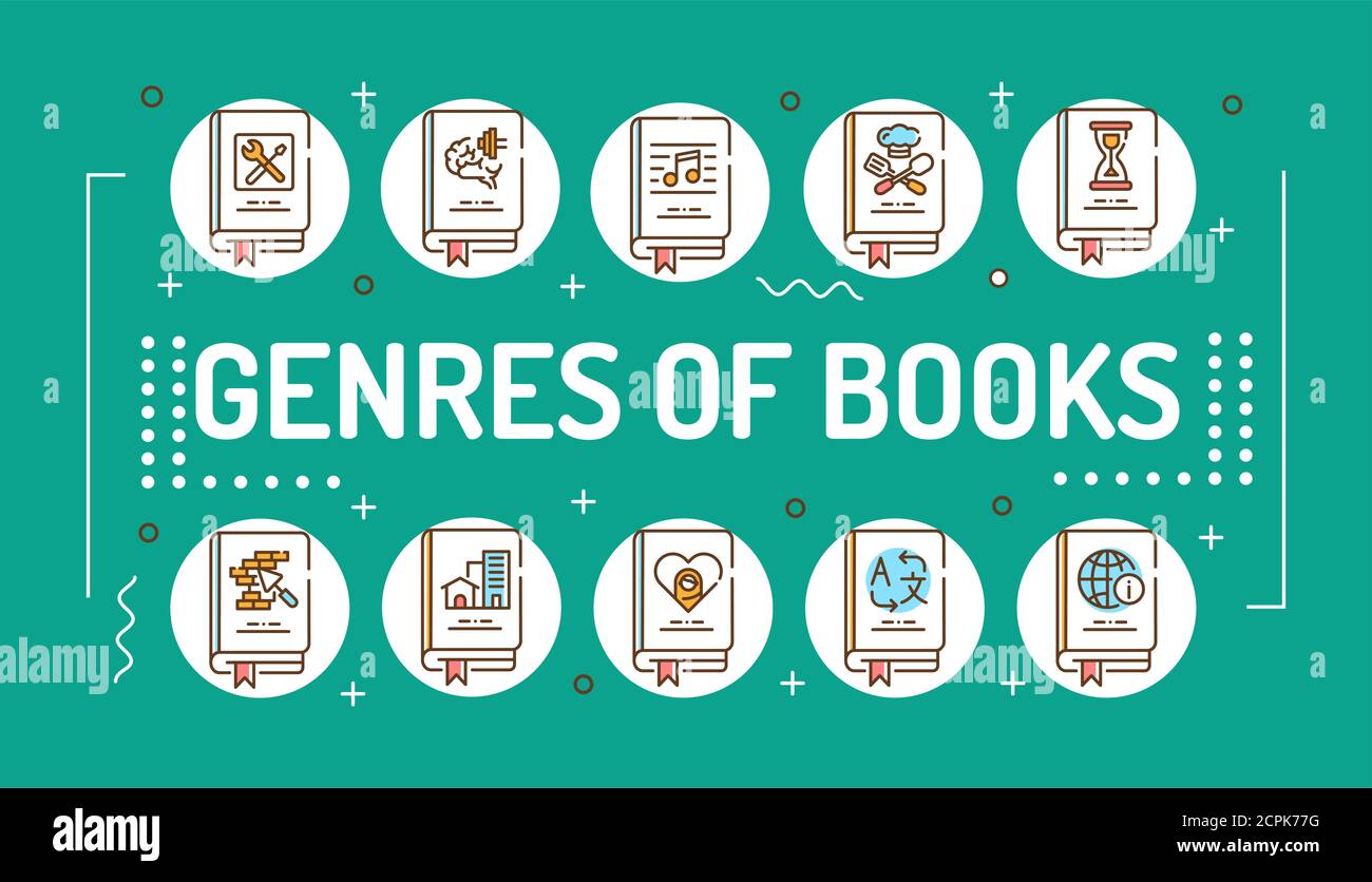 Genres of books word lettering typography. Infographics with linear ...