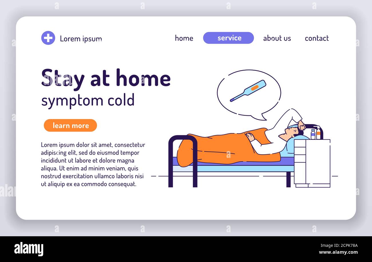 Stay at home web banner. Sick man with a cold disease lying in a bed ...