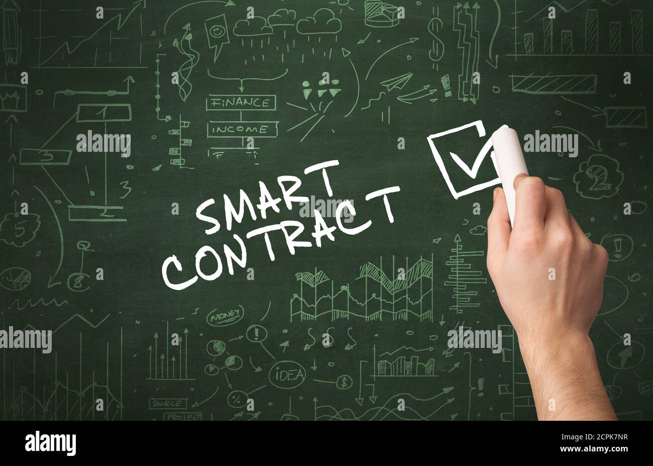 Hand drawing SMART CONTRACT inscription with white chalk on blackboard ...