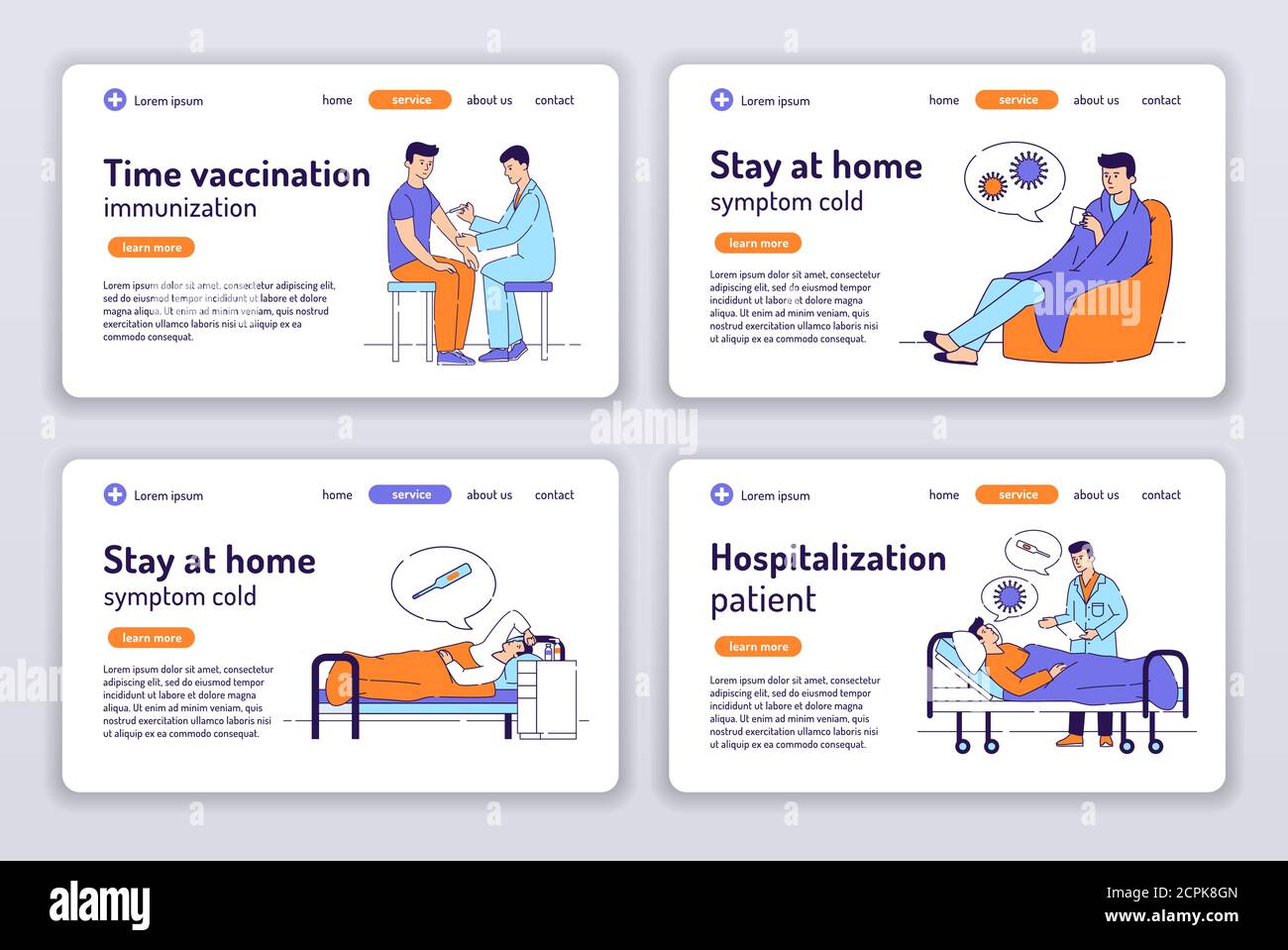 Sick man with a cold disease web banners. Vaccination. Hospitalization ...
