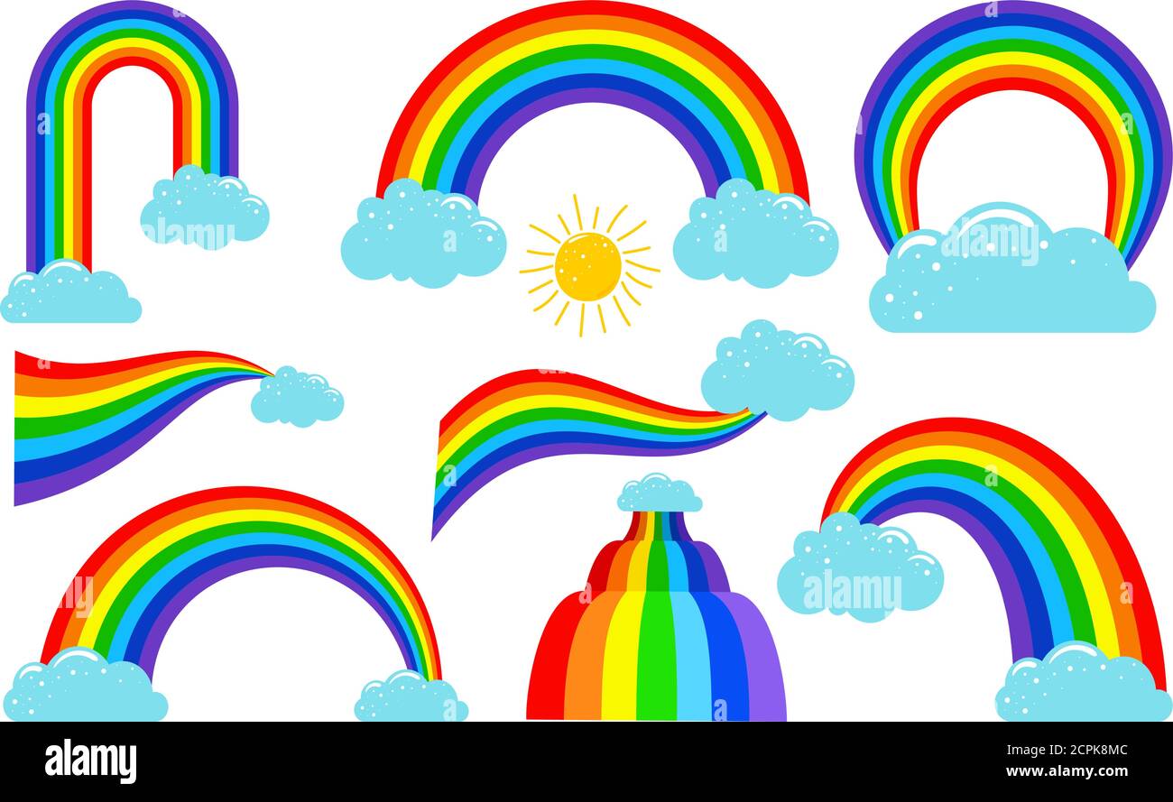 Colored rainbows with clouds collection. Rainbow in sky, weather cloud ...