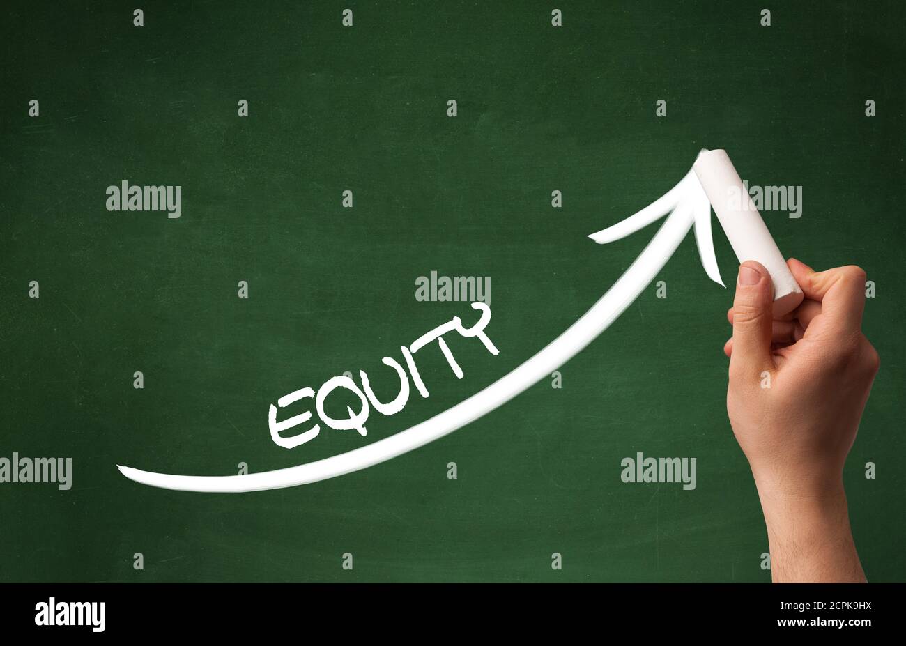 Hand drawing EQUITY inscription with white chalk on blackboard ...
