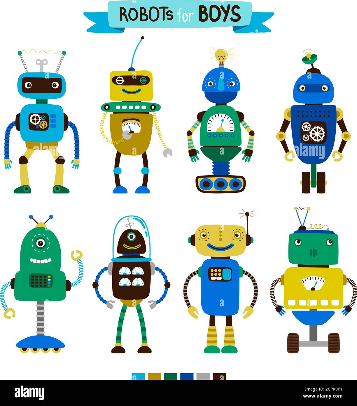 Cute cartoon robots set for boys, isolated on white background, vector ...