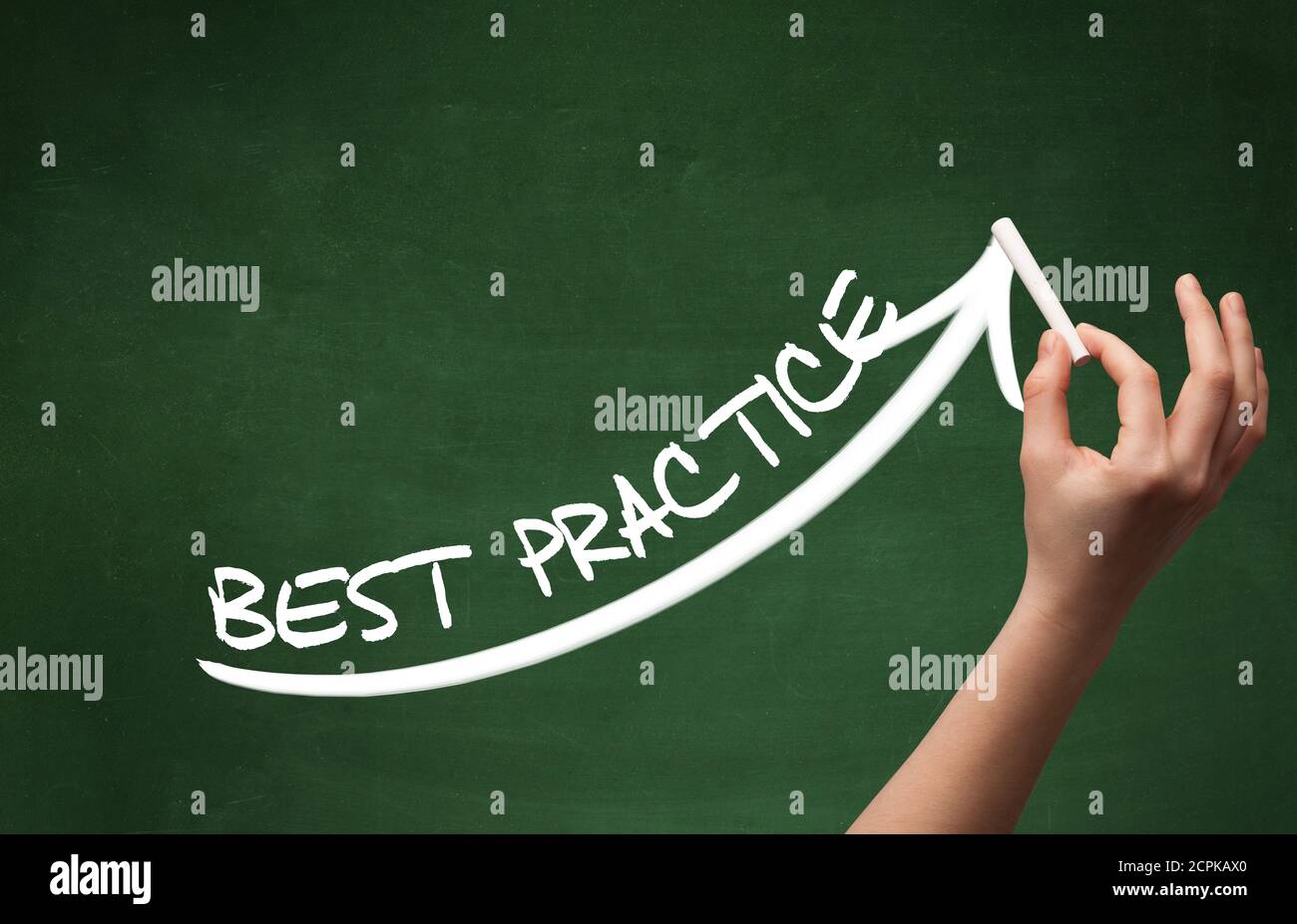 Hand drawing BEST PRACTICE inscription with white chalk on blackboard ...