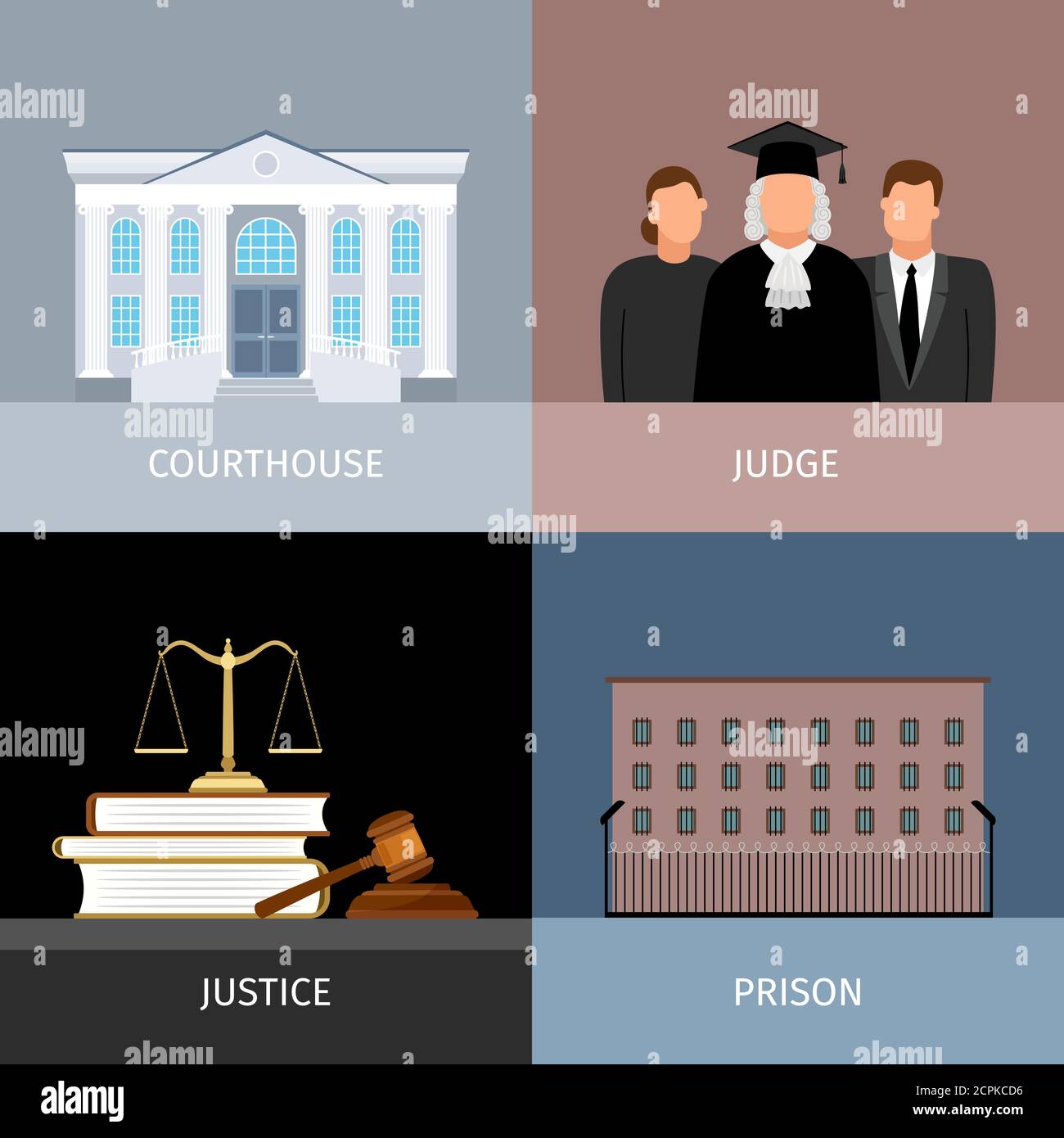 Justice banners set with judge, prison and court of justice, vector ...