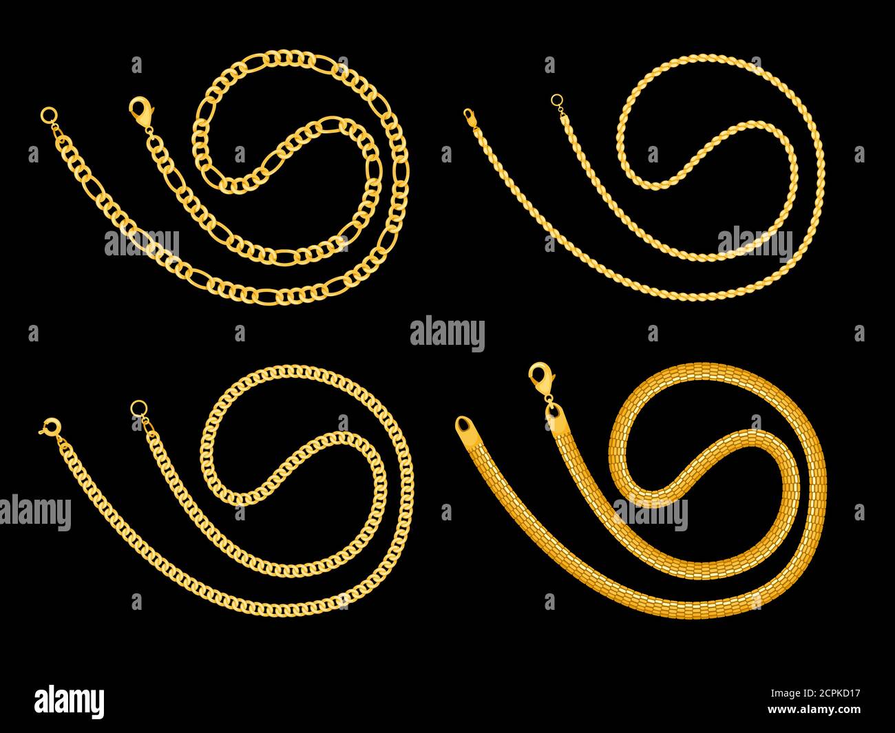 Rolled gold chain collection isolated on black. Gold metal fashion ...