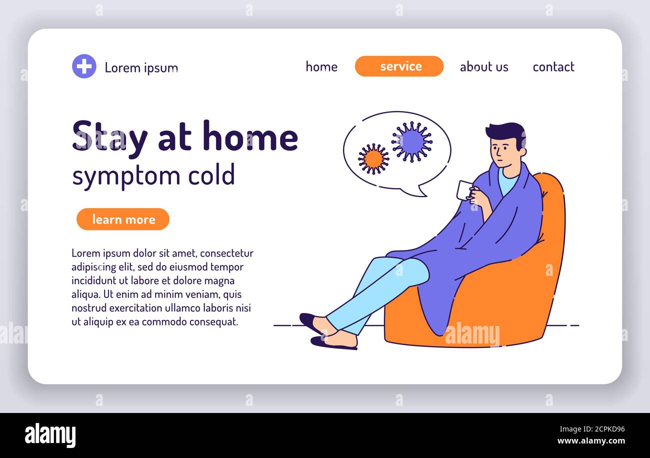 Stay at home web banner. Sick man with a cold disease sitting in a ...
