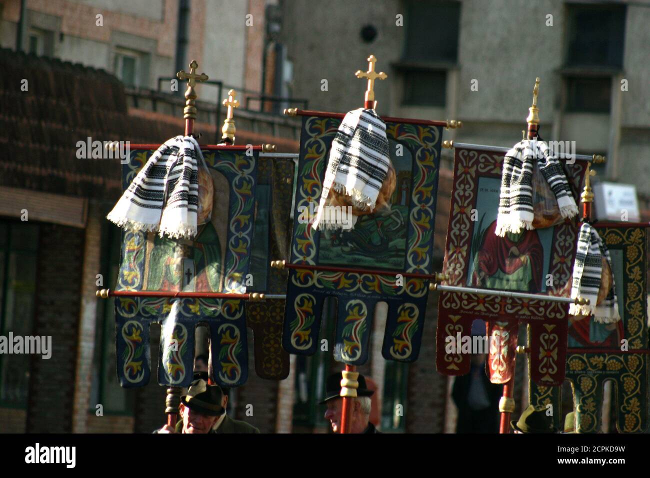 Traditional Orthodox funeral procession in Romania. People carrying the ...