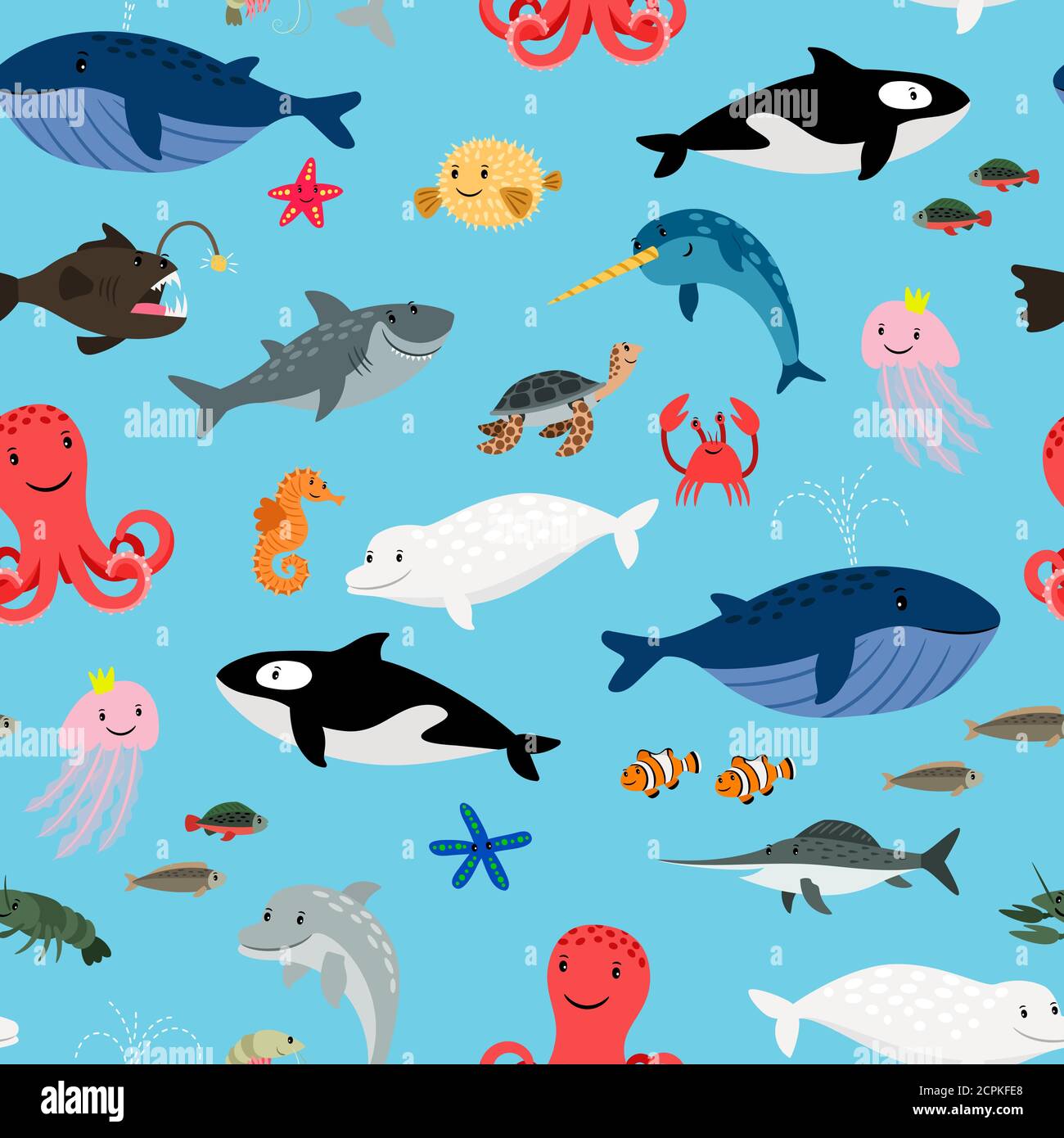 Sea animals on blue background pattern with whales and sharks, dolphins ...