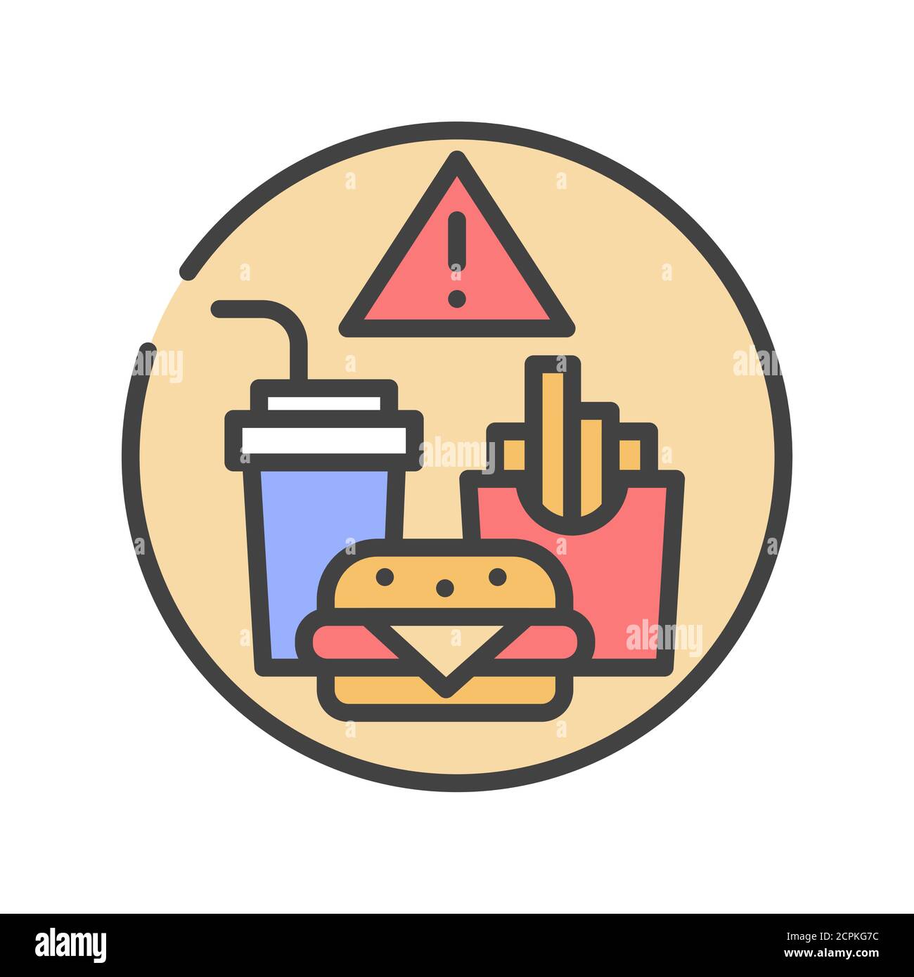 Caution junk food color line icon. Cause diseases gastric tract. Sign ...
