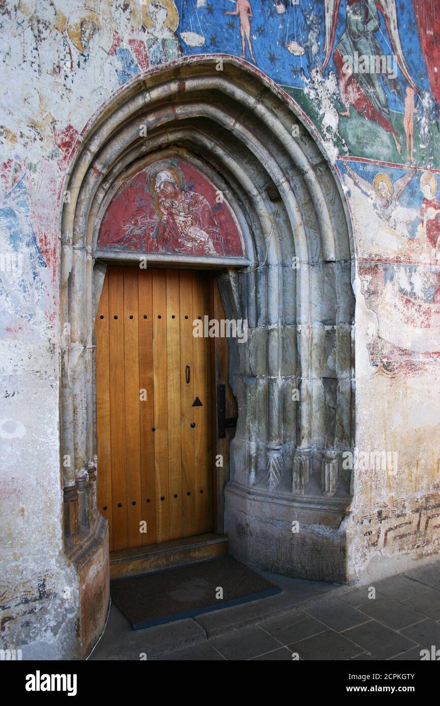 Entrance door with arched moulding at the 16th century Humor Monastery ...