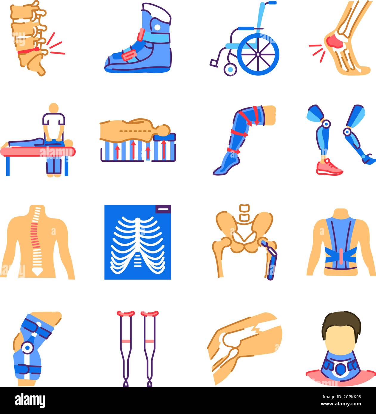 Orthopedics flat color icons set. Rehabilitation after injuries ...