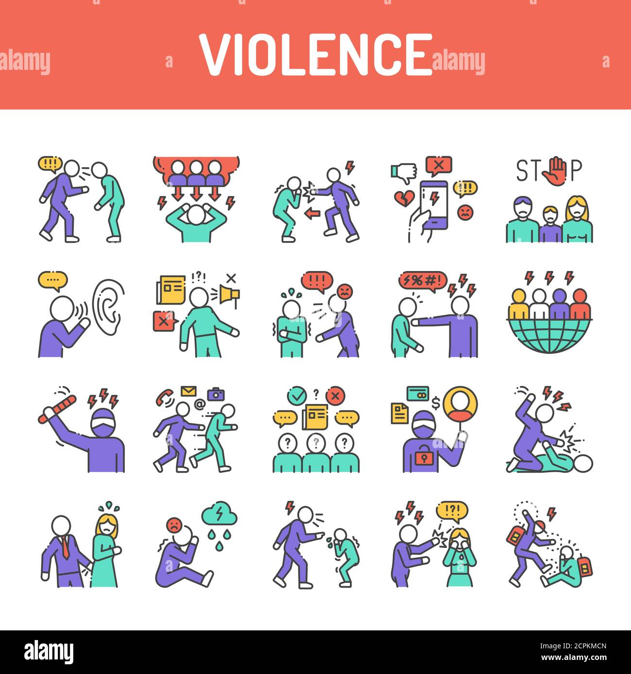 Violence color line icons set. Harassment, social abuse and bullying ...