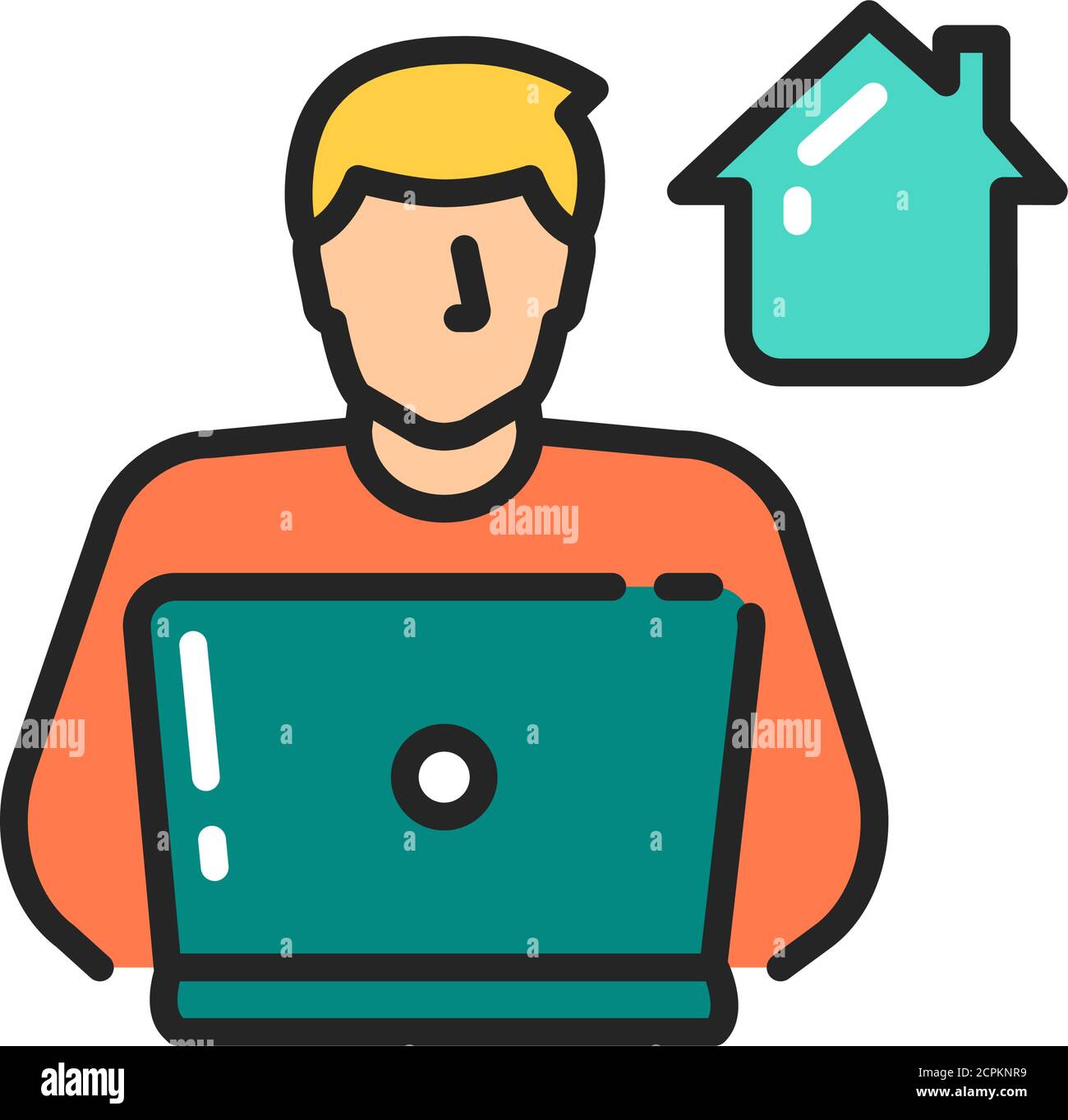 Freelancer man works on laptop color line icon. Remote work. Quarantine ...