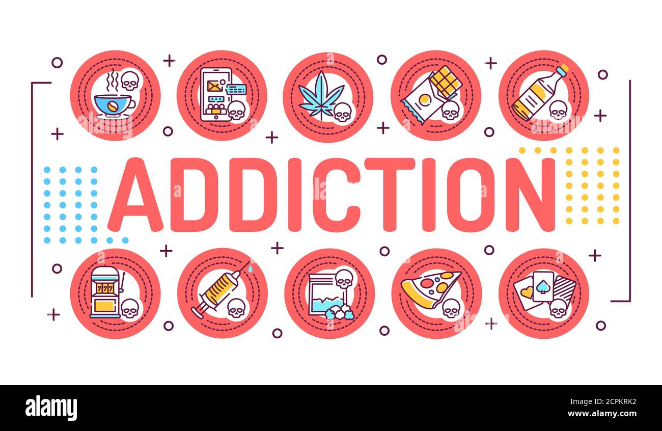 Addiction word lettering typography. Infographics with linear icons on ...