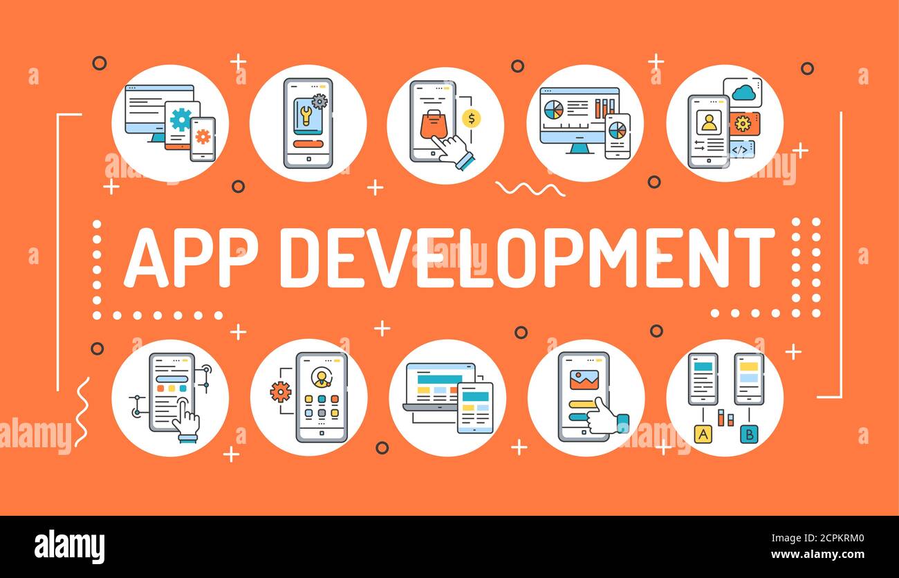 App development word lettering typography. Infographics with linear ...