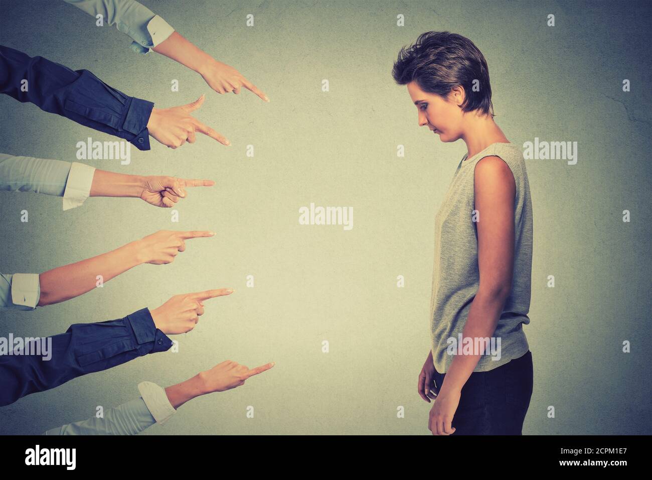 Concept of accusation guilty person girl. Side profile sad upset woman ...