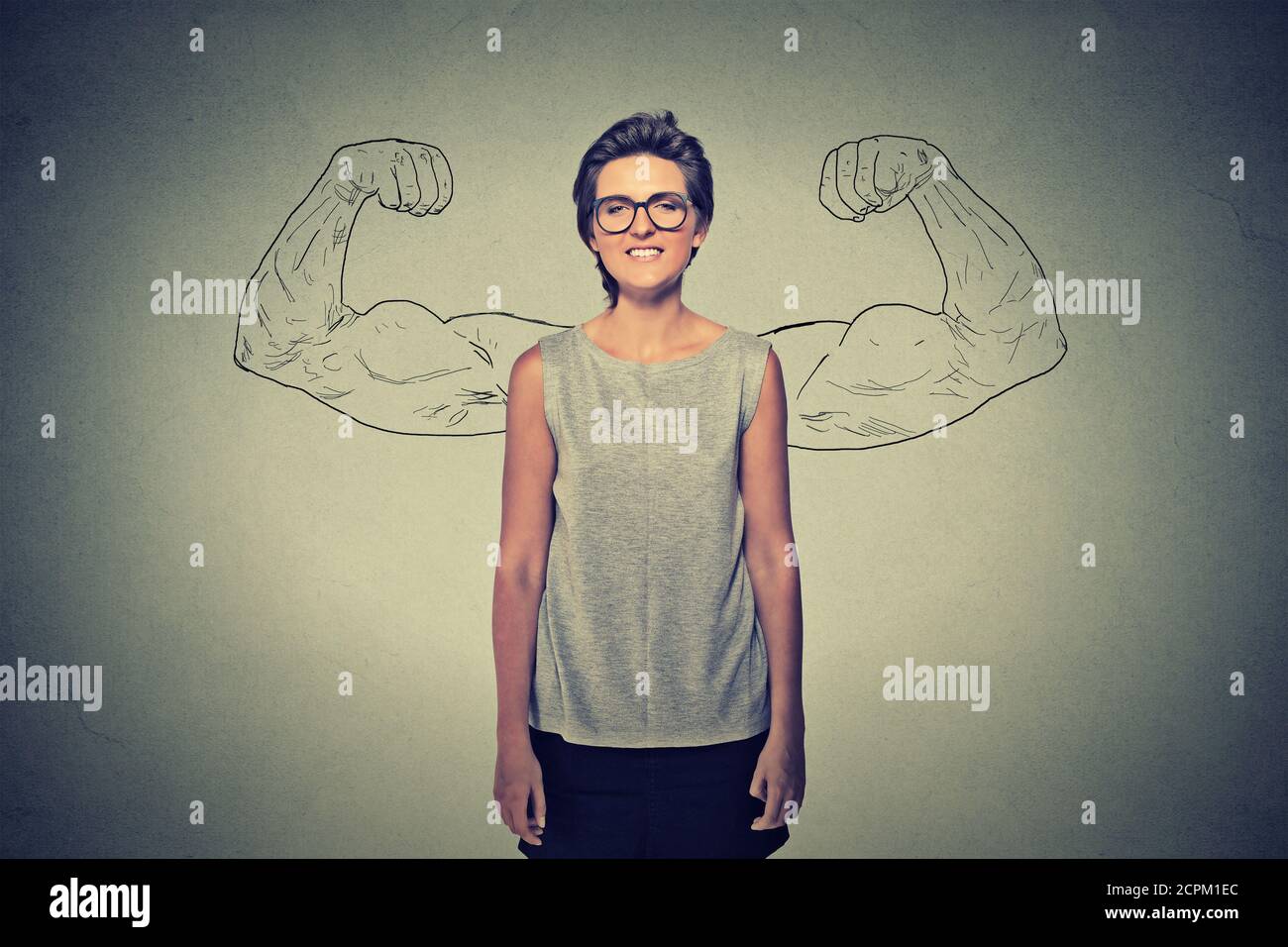 Powerful girl with glasses. Reality vs ambition wishful thinking ...