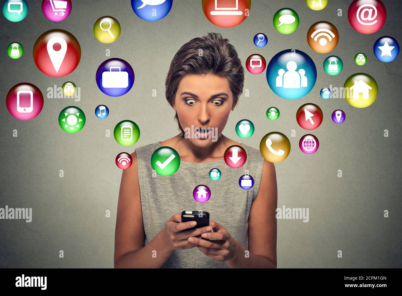 communication technology mobile high tech concept. Closeup surprised ...