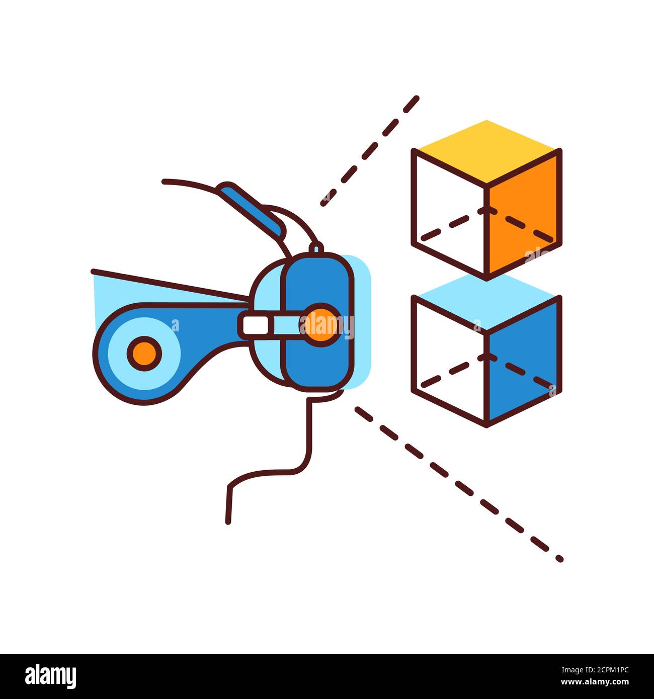 Virtual reality gaming color line icon. Man in VR helmet gaming ...