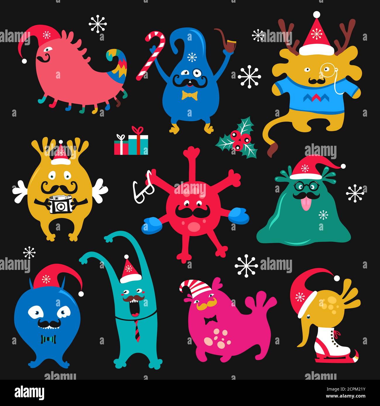 Cute winter holidays monsters set. Funny fantasy creatures, colorful ...