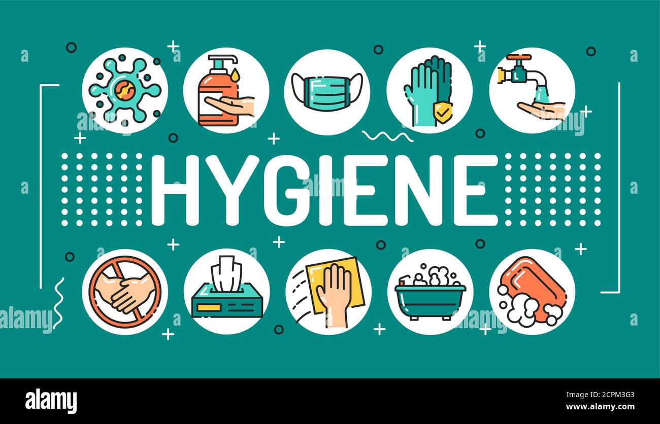 Hygiene word lettering typography. Infographics with linear icons on ...