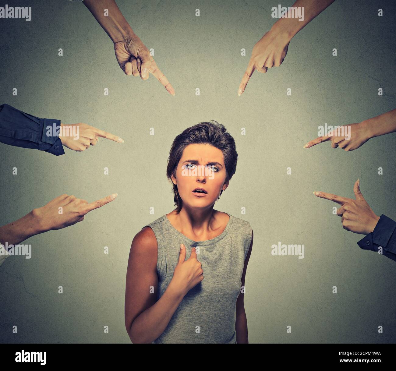 Concept of accusation guilty person girl. Upset angry looking woman ...