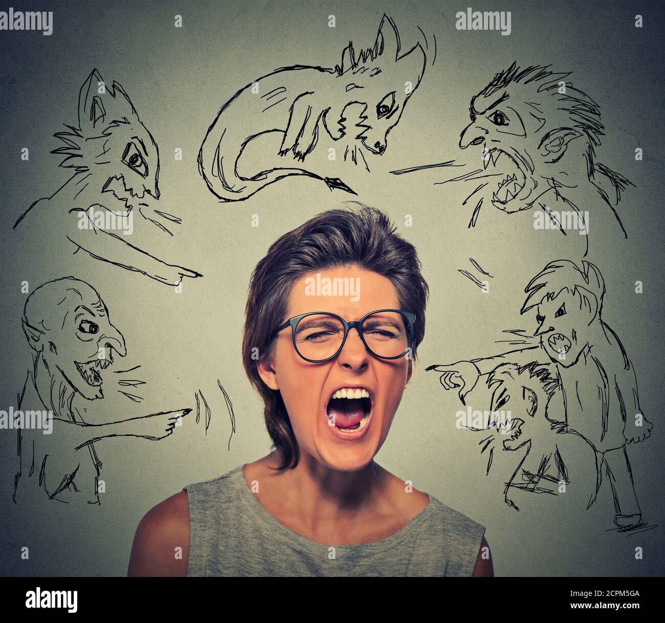 Evil men pointing at stressed frustrated screaming woman. Negative ...