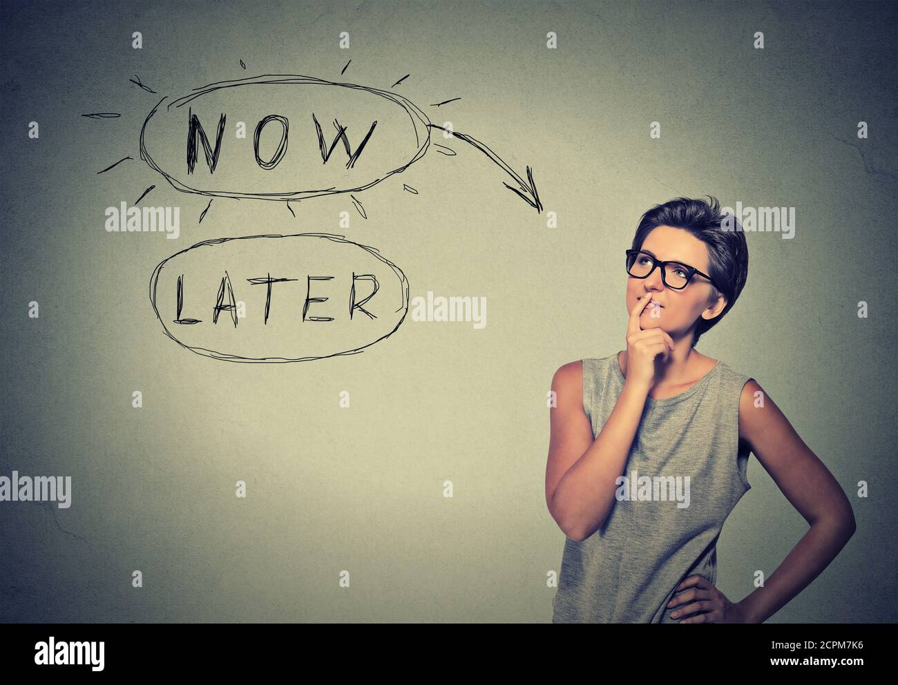 Now or later. Woman thinking looking up isolated on grey wall ...