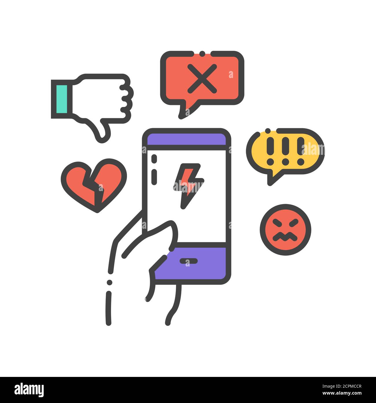 Cyberbullying victim hand holding smartphone. Abuse, internet, hate ...