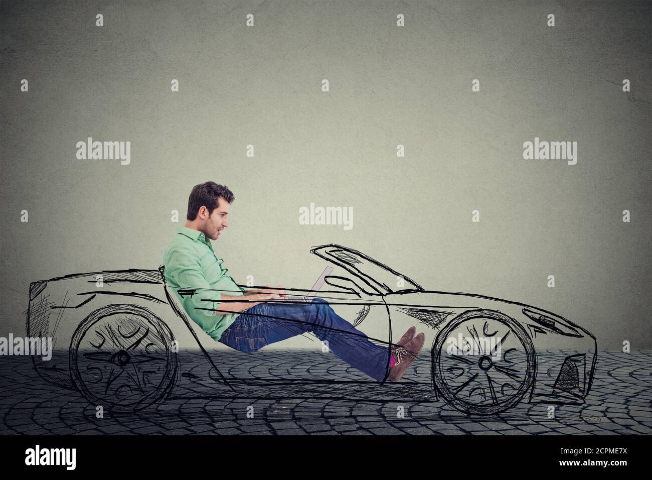 Driverless self driving car technology concept. Side profile young ...