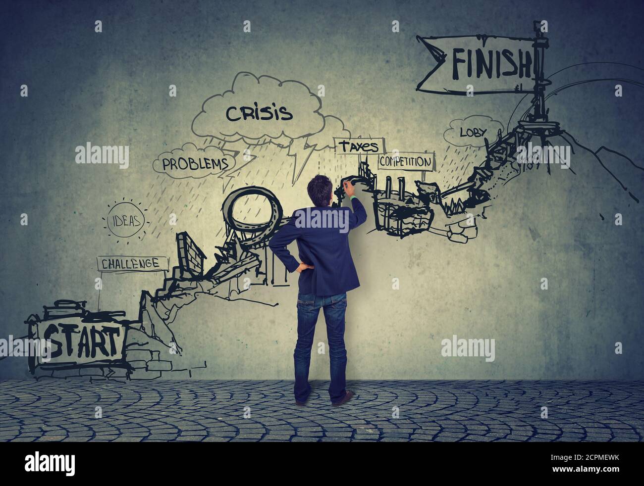 Business career challenges concept. Businessman looking at a sketch of ...