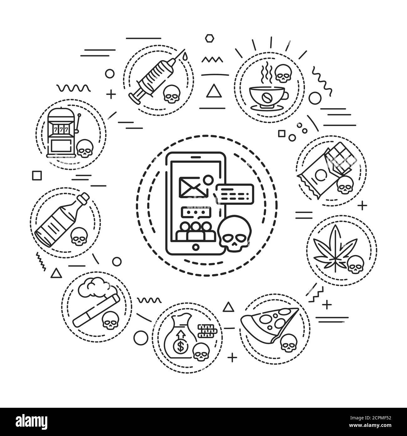 Addiction web banner. Infographics with linear icons on white ...