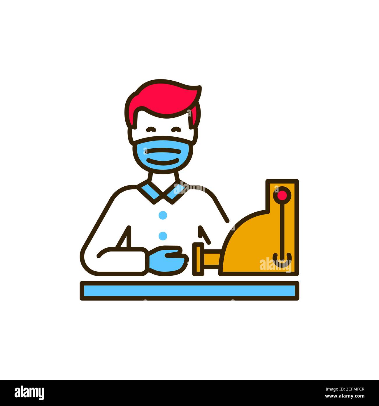 Masked cashier in shop color line icon. Safe travel. Pictogram for web ...