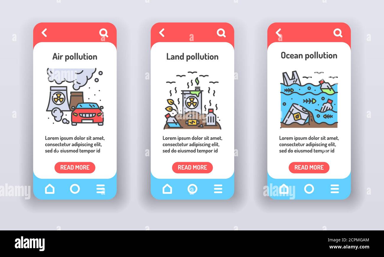 Eco problems on mobile app onboarding screens. Planet pollution ...