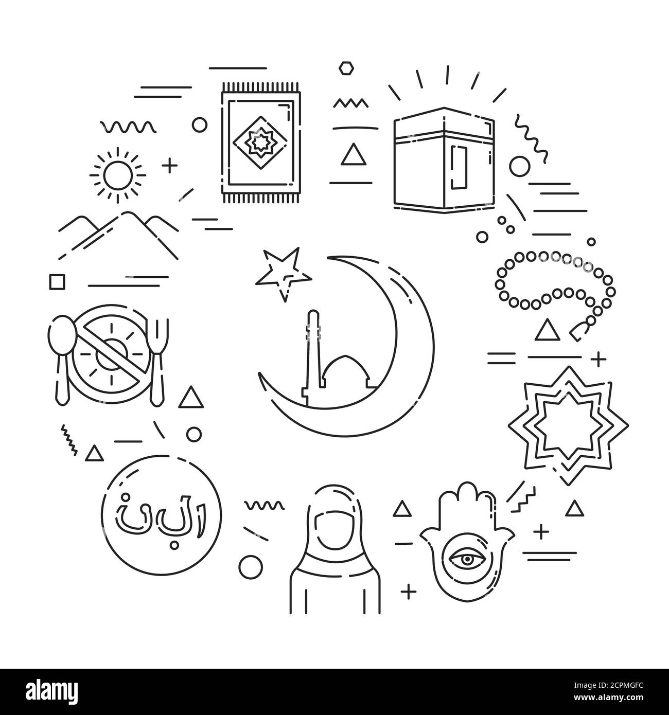 Islam web banner. Infographics with linear icons on white background ...