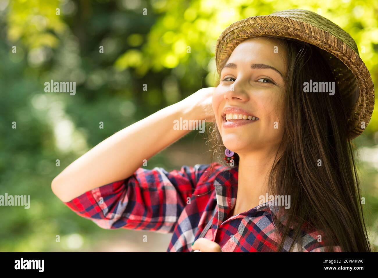 Closeup portrait beautiful happy woman enjoying summer day having fun ...