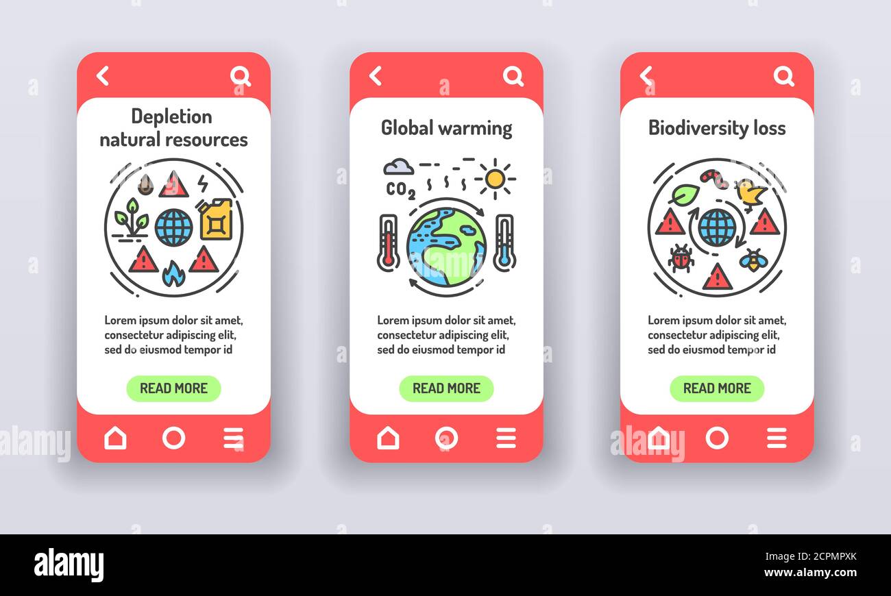 Eco problems on mobile app onboarding screens. Environmental issue ...