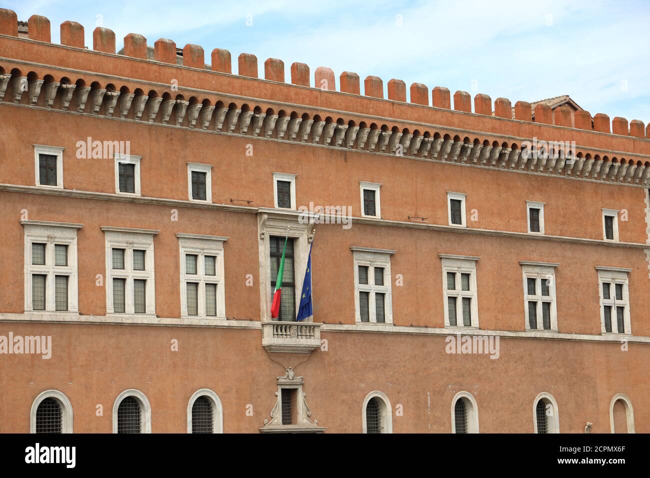 flag of Italy and Europe on the balcony of Piazza Venezia in Rome and ...
