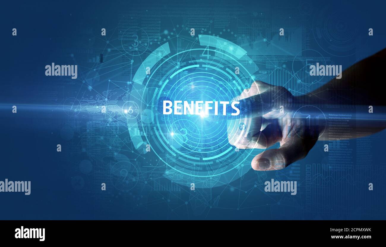 Hand touching BENEFITS button, modern business technology concept Stock ...