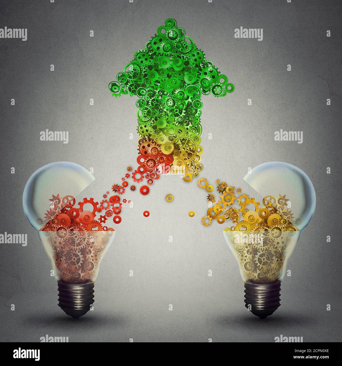 Creative innovation success as two open glass light bulbs releasing ...