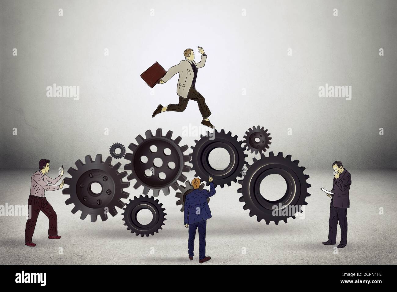 Conceptual image of businessteam working cohesively on gray office wall ...