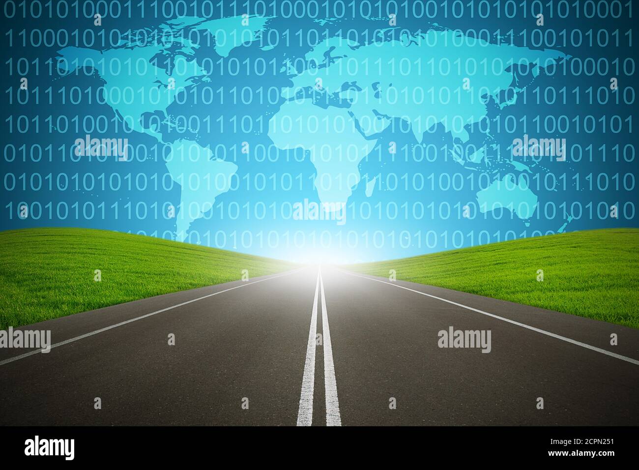 Digital highway with binary code and global map with green grass and ...