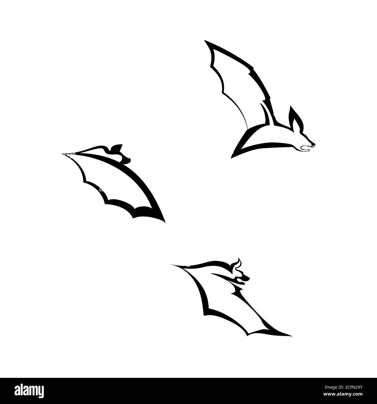 Vector illustration of bats set. Three black and white bats in ...